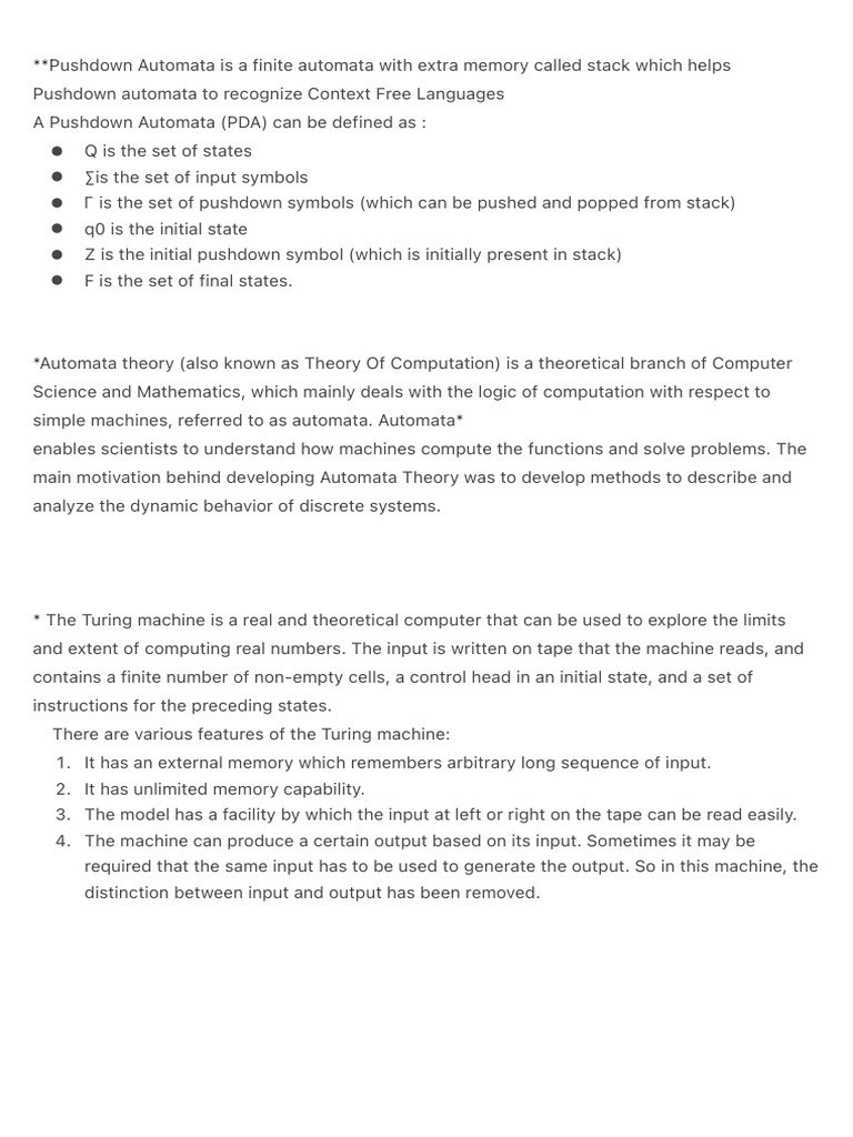 Pushdown Automata Is A Finite Automata With Extra Memory Called - 2 ...