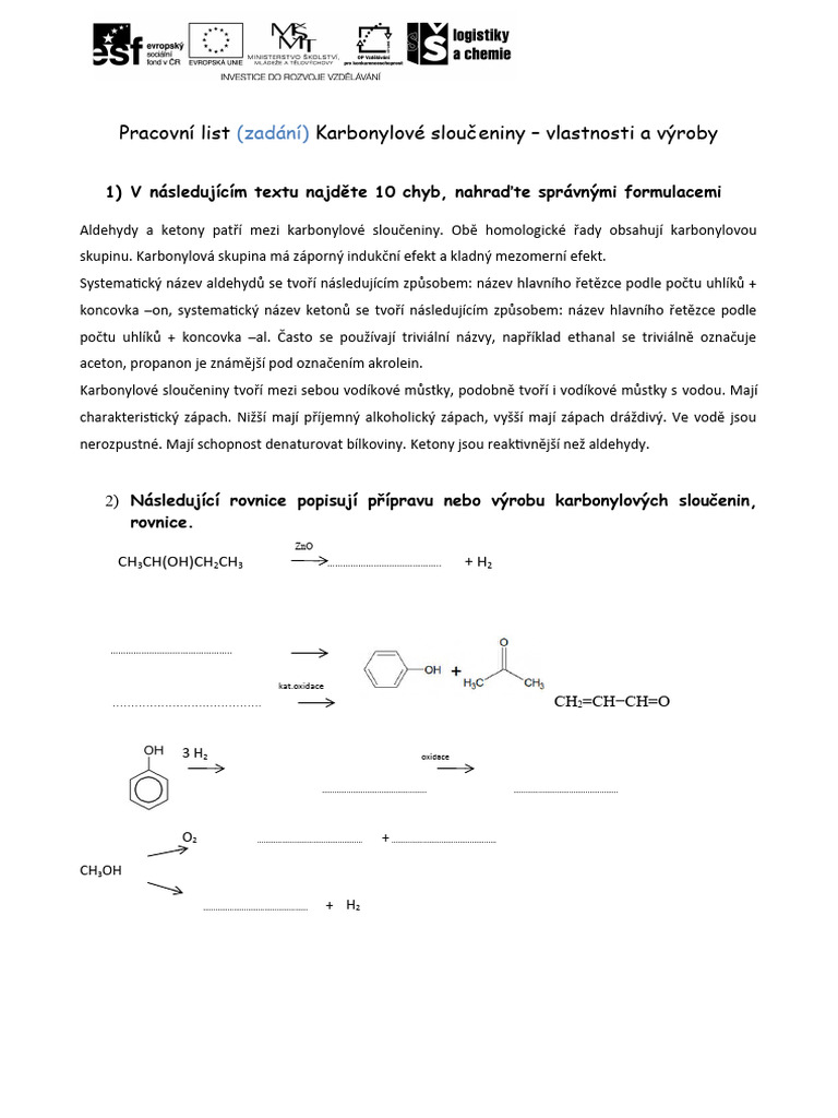 Pracovn - List - Karbonylov - Slou - Eniny Řešení | PDF