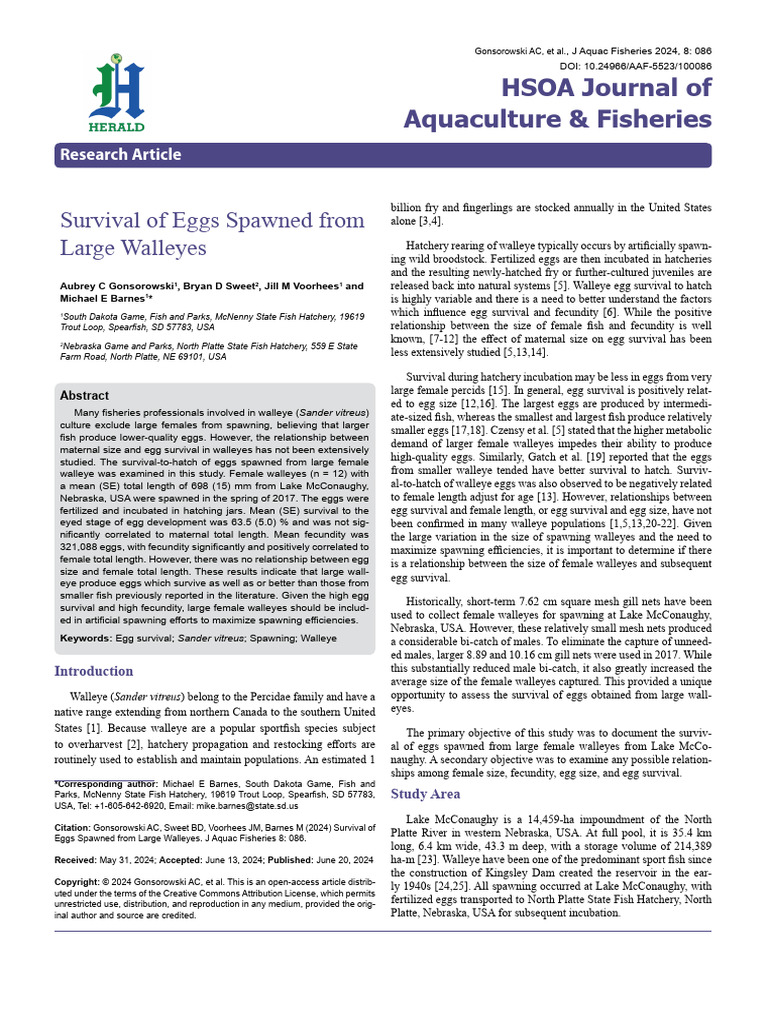 Survival of Eggs Spawned From Large Walleyes | PDF | Spawn (Biology)