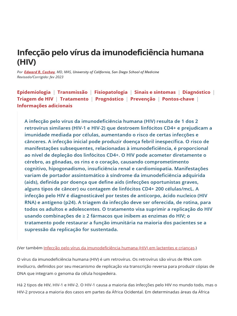 Infecção Pelo Vírus Da Imunodeficiência Humana (HIV) - Doenças ...