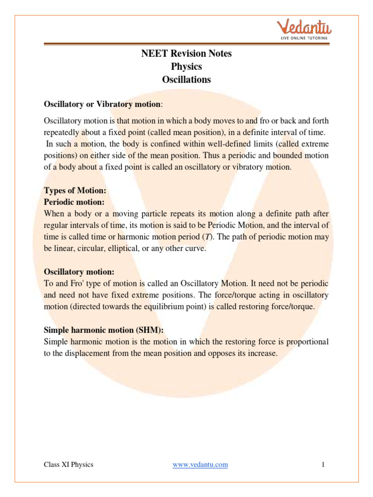 Neet Oscillations Revision Notes | PDF | Oscillation | Mechanical ...