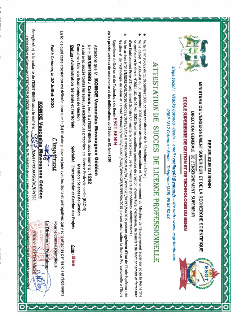 Attestation de Licence Professionnelle | PDF