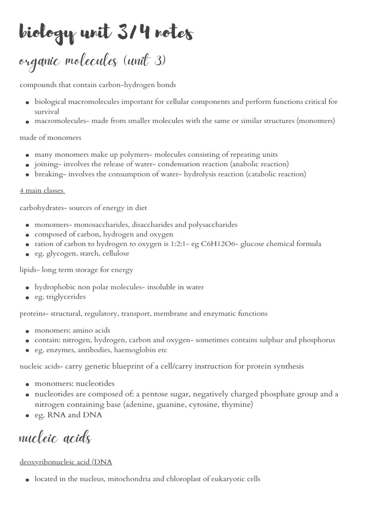 Biology Unit 3/4: Organic Molecules Overview | PDF | Operon | Rna