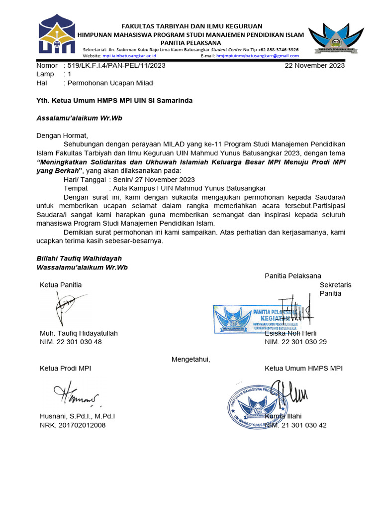 Permohonan Ucapan Milad HMPS Mpi Uin Si Samarinda | PDF