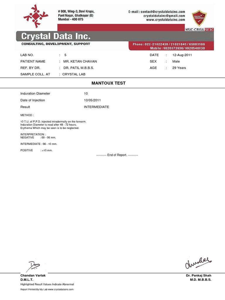 Mantoux Test Letterhead With Sign | PDF