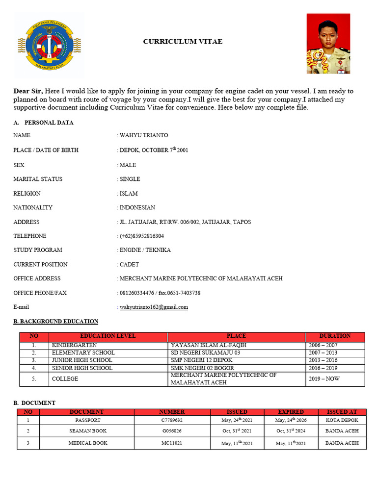 CV Wahyu Trianto Engine Cadet | PDF | Shipping