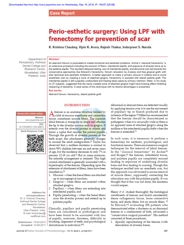 Perio-Esthetic Surgery Using LPF With Frenectomy F | PDF | Periodontology | Medical Specialties