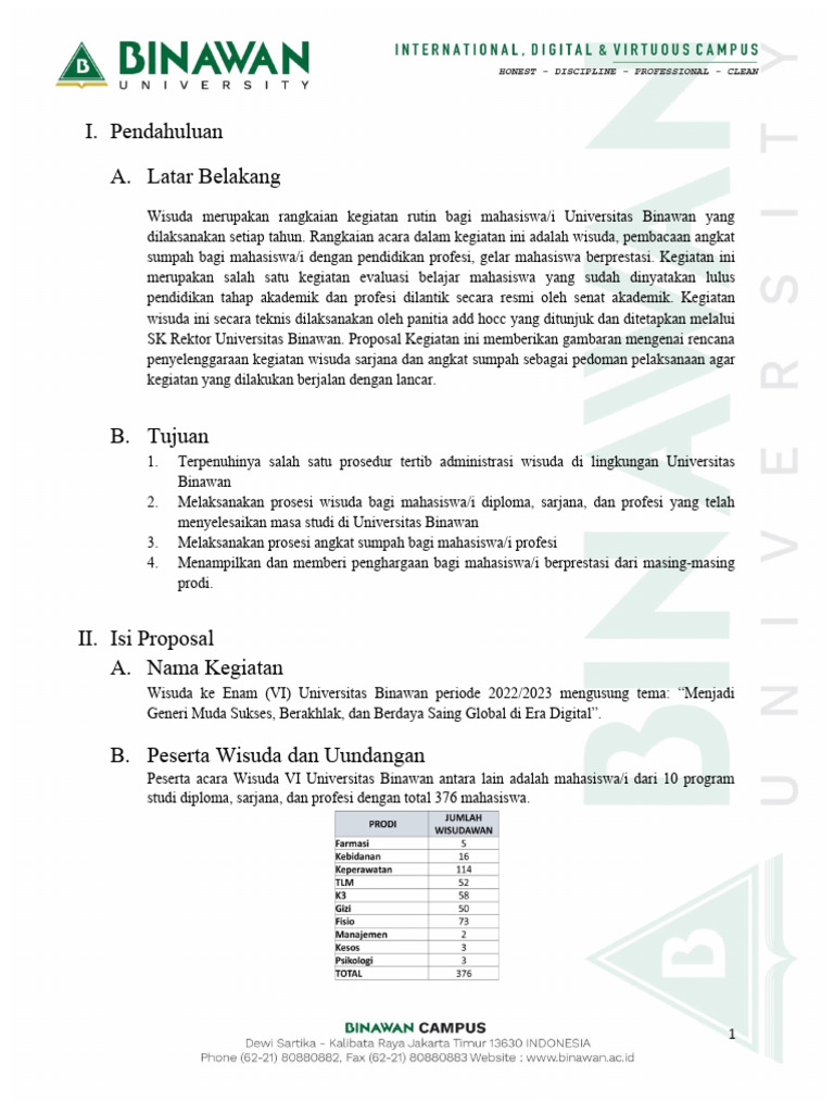 Proposal Wisuda Universitas Binawan 2022 | PDF