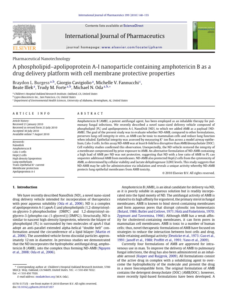 A Phospholipid-Apolipoprotein A-I Nanoparticle Containing Amphotericin B As A Drug Delivery ...