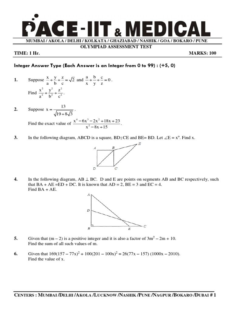 Olympiad Assessment Test (Que. Paper) 1 | PDF | Circle | Area