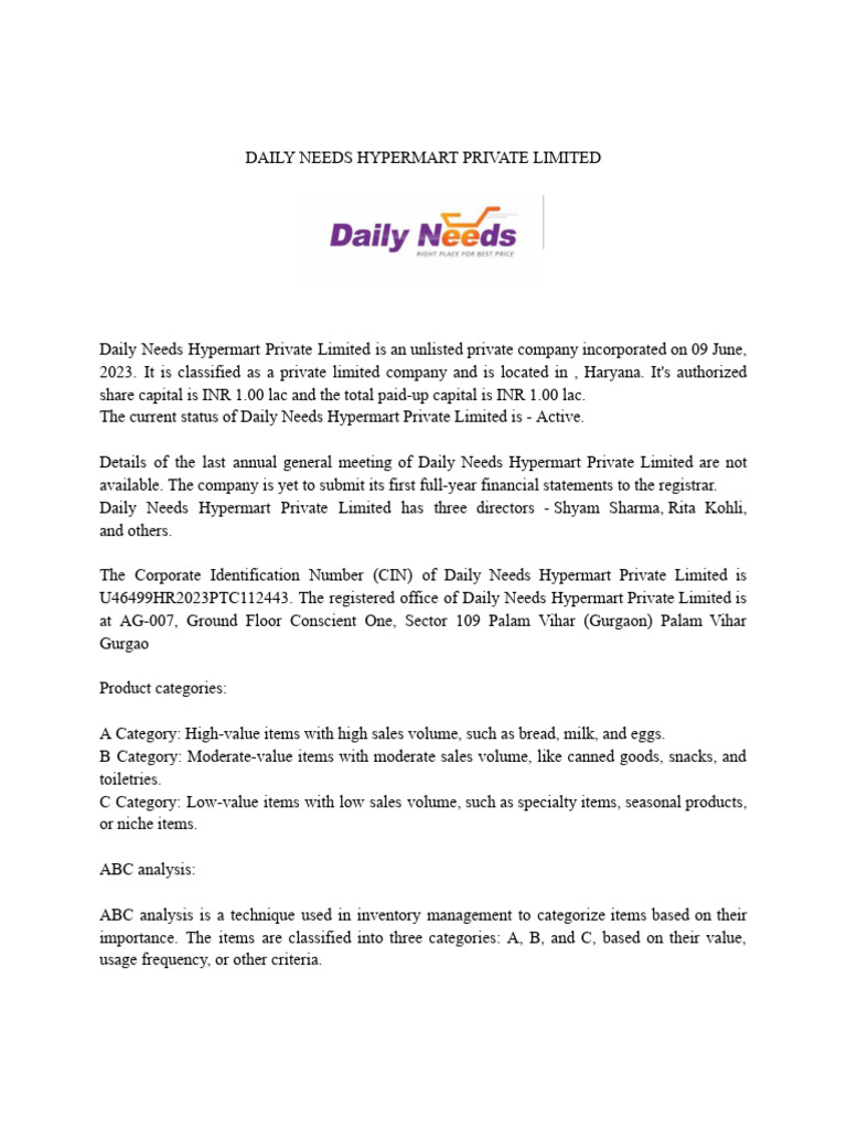 Daily Needs Hypermart Private Limited | PDF | Business