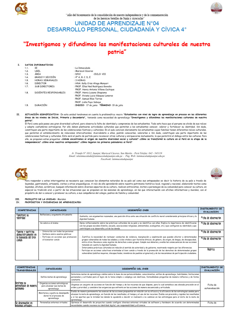 DPCC 4° Unidad de Aprendizaje 04 | PDF | Aprendizaje | Evaluación
