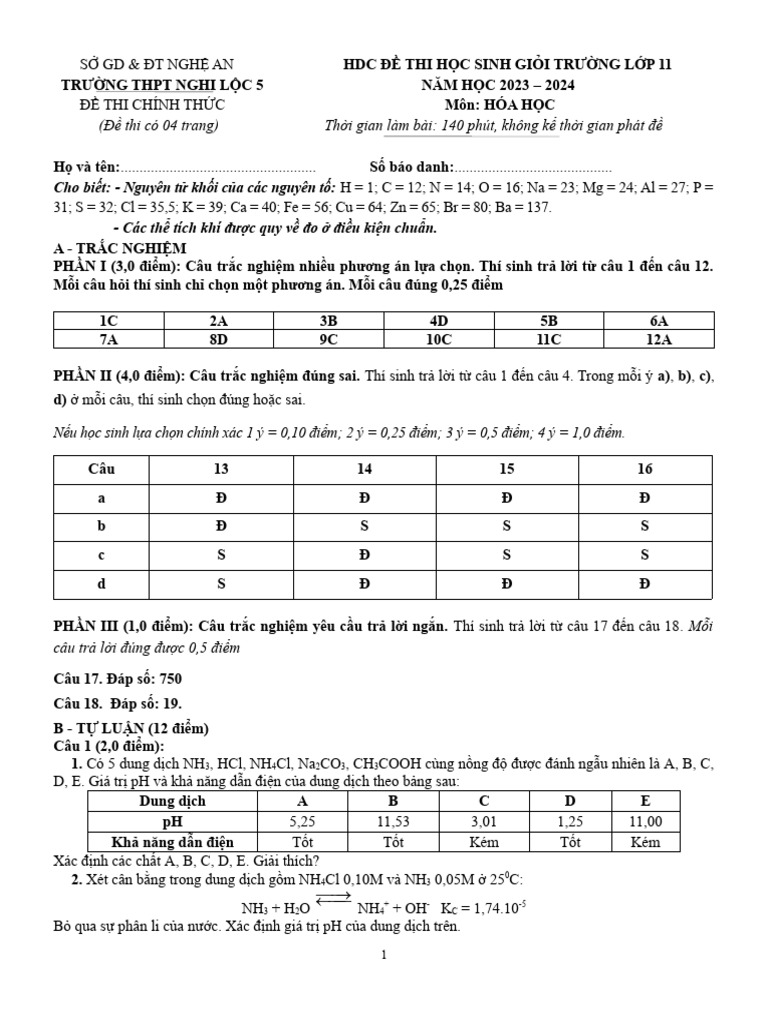 HDC Thi HSG Cấp Trường - Hóa Học 11 | PDF