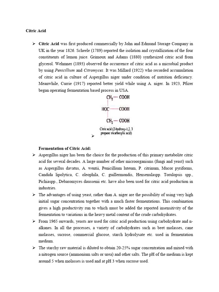 Citric Acid PDF Notes | PDF | Aspergillus | Precipitation (Chemistry)