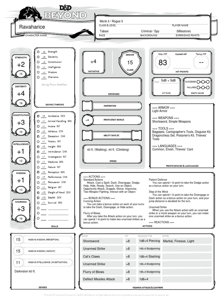 D&D Character Sheet: Tabaxi Monk/Rogue | PDF | D20 System | Gary Gygax ...