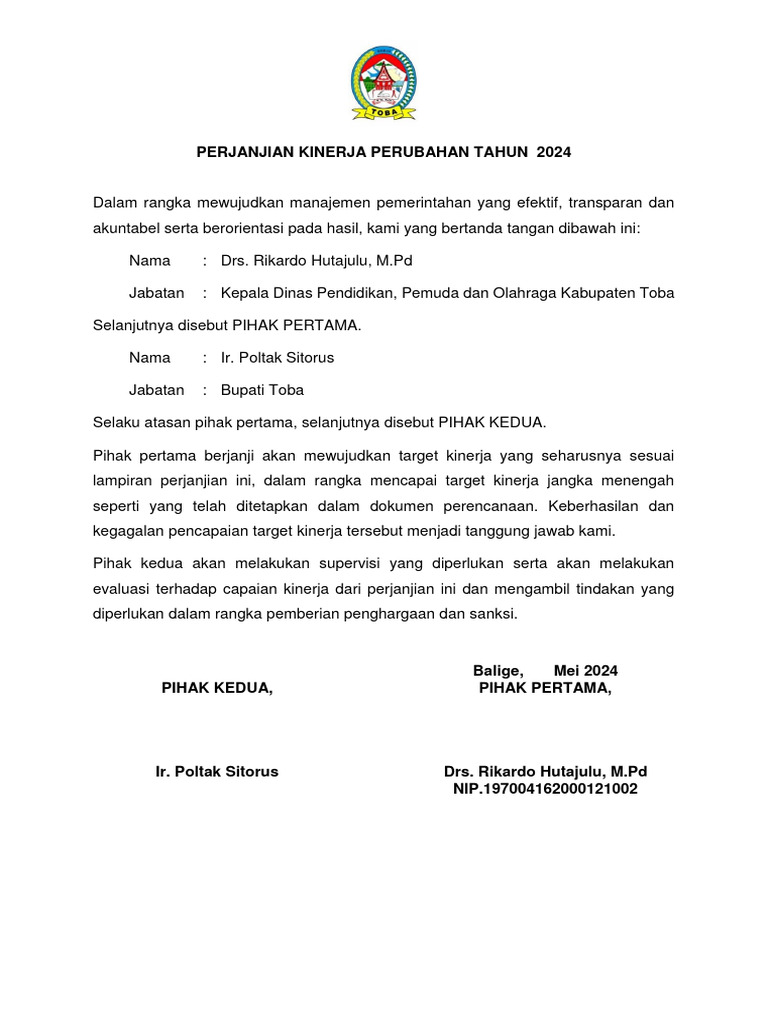 1 Perjanjian Kinerja Perubahan Tahun 2024 | PDF