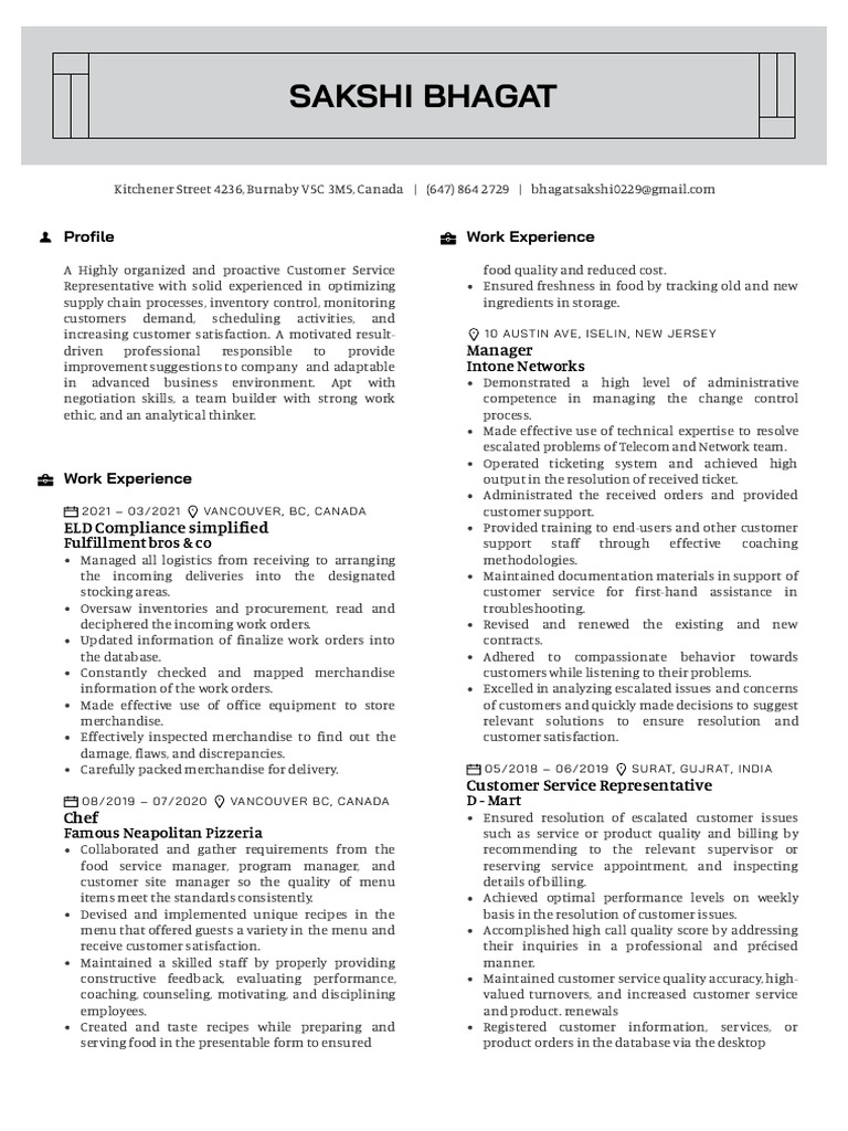 Sakhsi Bhagat - RAA (Resume) | PDF | Customer | Logistics