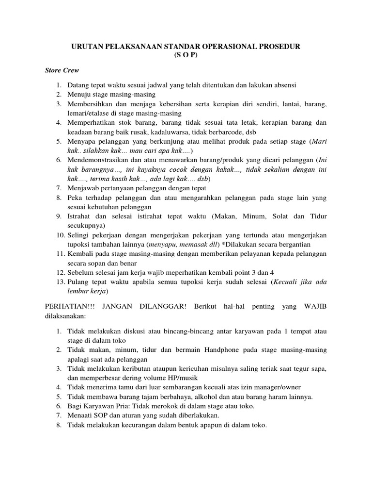 FORMAT SOP TOKO RETAIL (Store Crew) | PDF