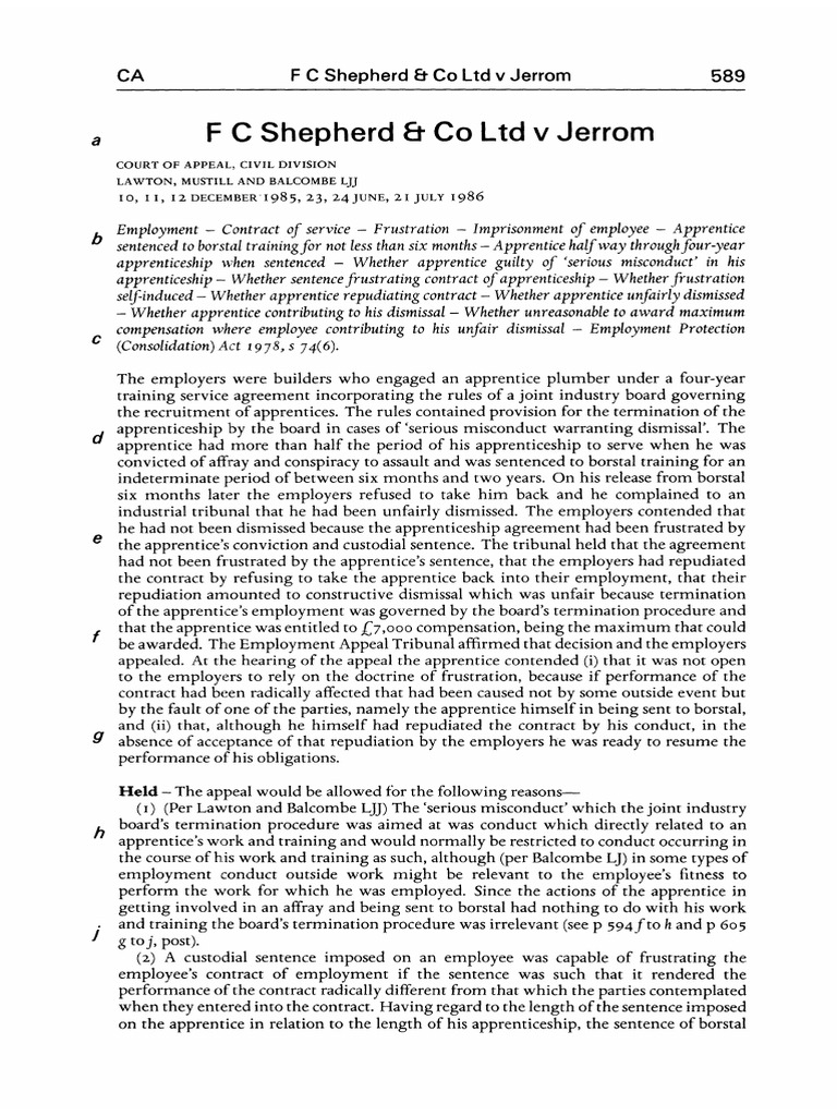 F C Shepherd & Co LTD V Jerrom (1986) 3 All ER 589 | PDF