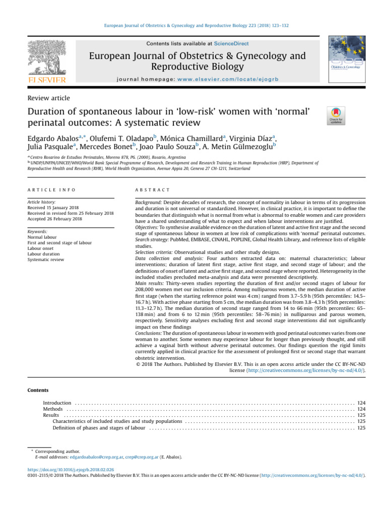 Duration of Spontaneous Labour in Low-Risk' Women With Normal ...