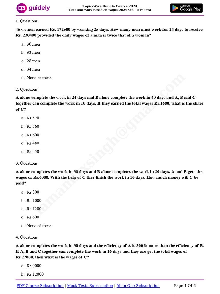Time and Work Wages Problems 2024 | PDF