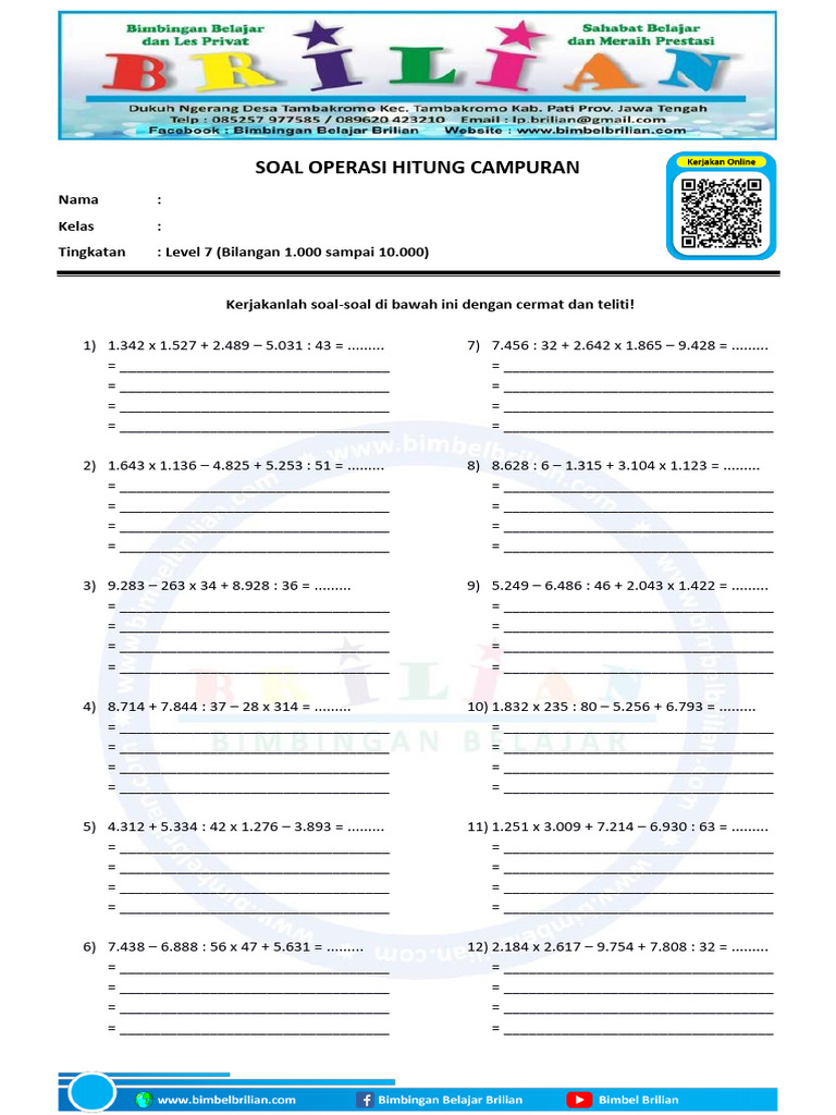 Soal Operasi Hitung Campuran Perkalian Pembagian Pengurangan Dan ...