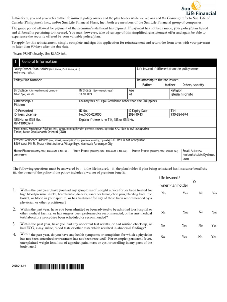 Simplified Reinstatement Offer | PDF | Insurance | Physical Examination