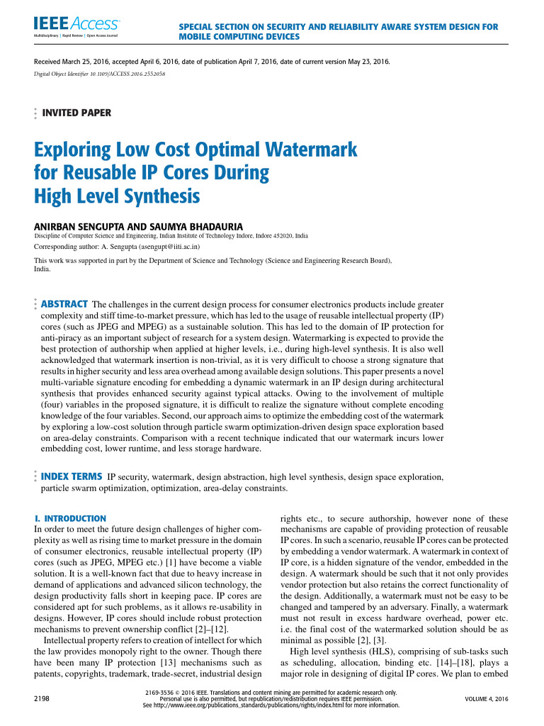 Exploring Low Cost Optimal Watermark For Reusable IP Cores During High Level Synthesis | PDF ...