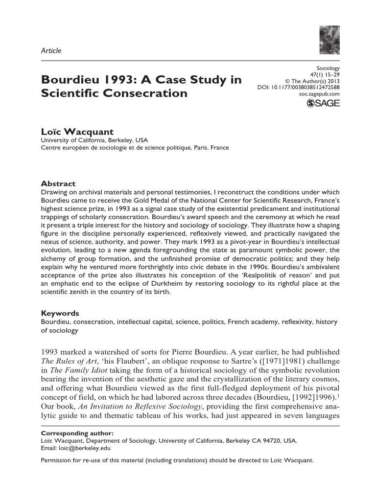 Consecration (Loic Wacquant) | PDF | Sociology | Science