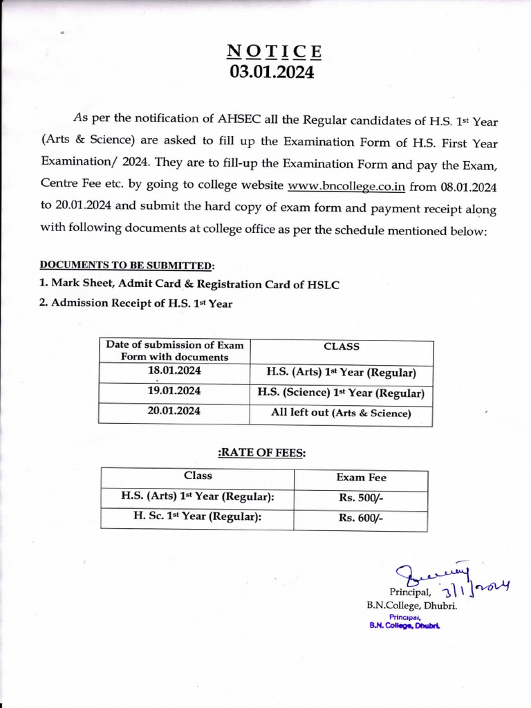 6557HS 1st Year Exam Notice001 | PDF