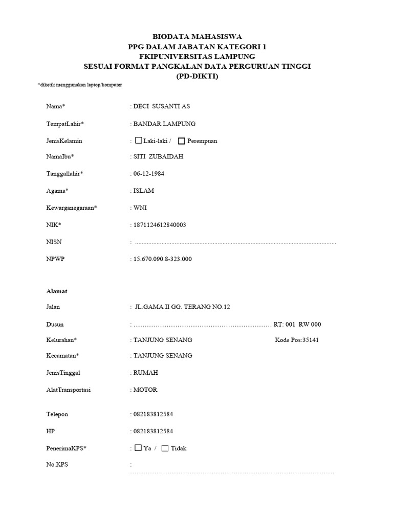 Biodata PPG FKIP Unila | PDF