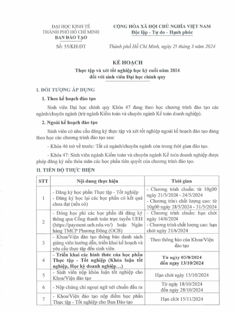 KH Thuc Tap Va Xet Tot Nghiep HKC Nam 2024 Doi Voi SV DHCQ | PDF