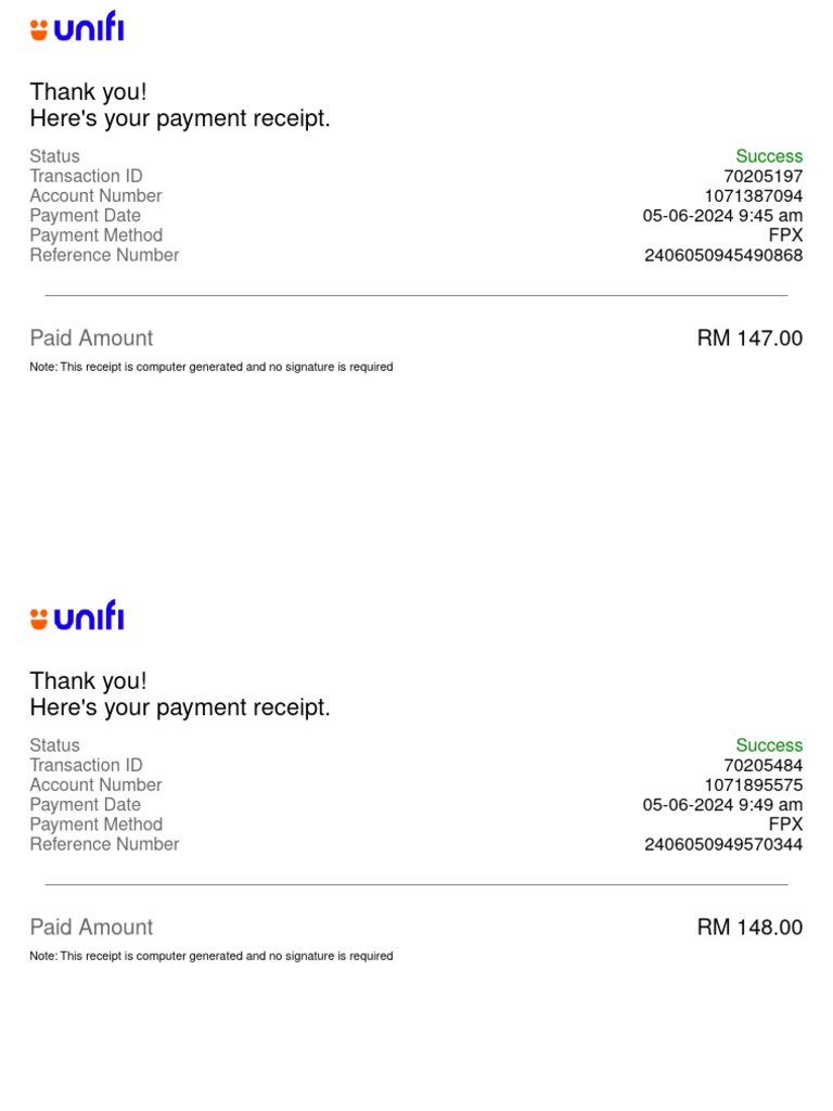 Resit Bil Unifi ( May 2024 ) | PDF | Receipt | Payments
