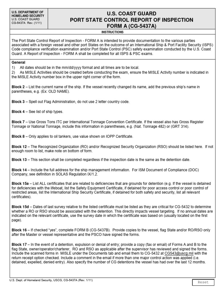 U.S. Coast Guard Port State Control Report of Inspection FORM A (CG ...