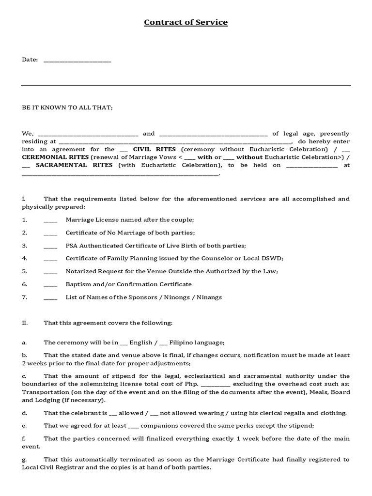 Contract of Service (Non Notary) | PDF | Confirmation | Marriage