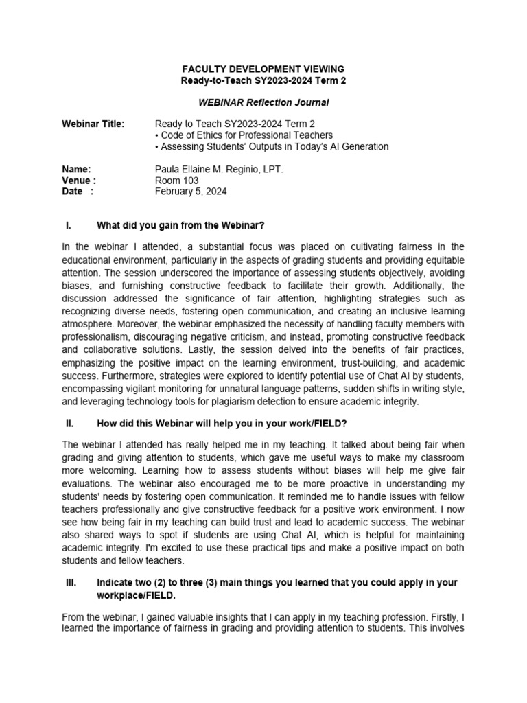 Reflection Journal Webinar | PDF | Teachers | Artificial Intelligence