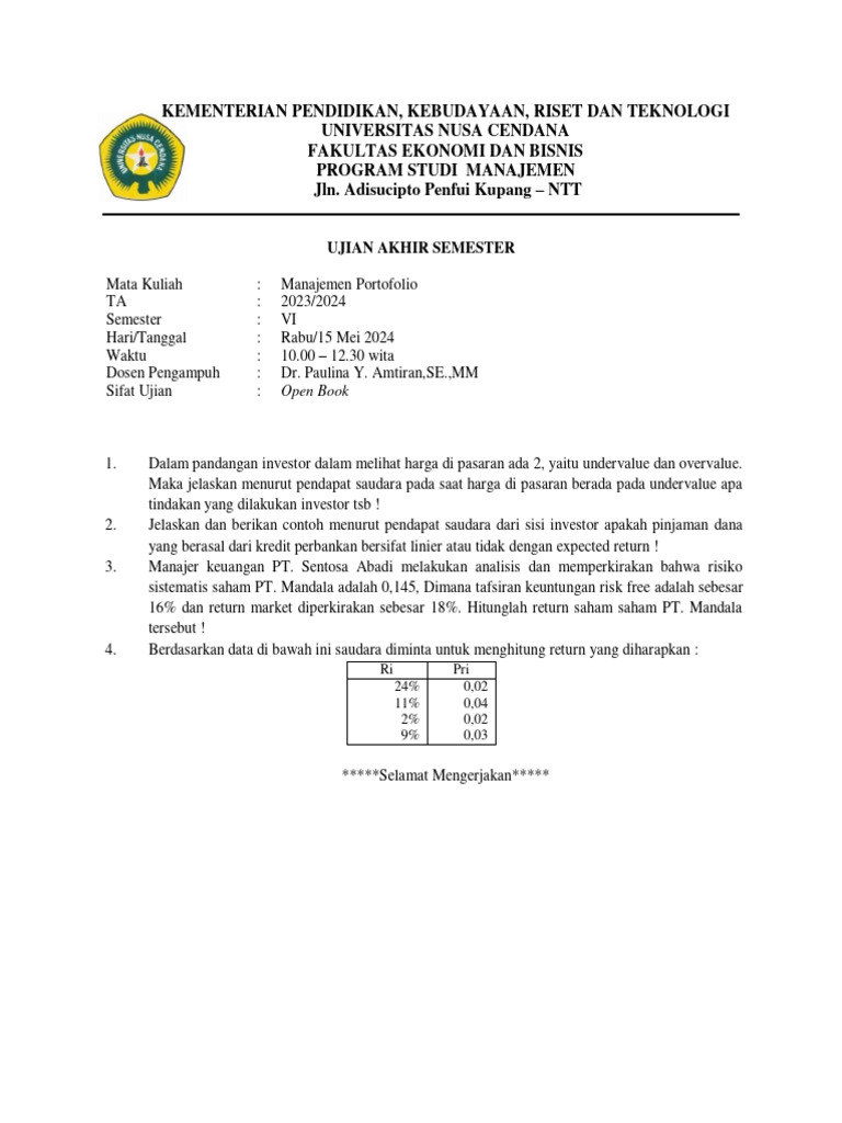 Soal UAS Manajemen Portofolio-Manajemen 2024 | PDF