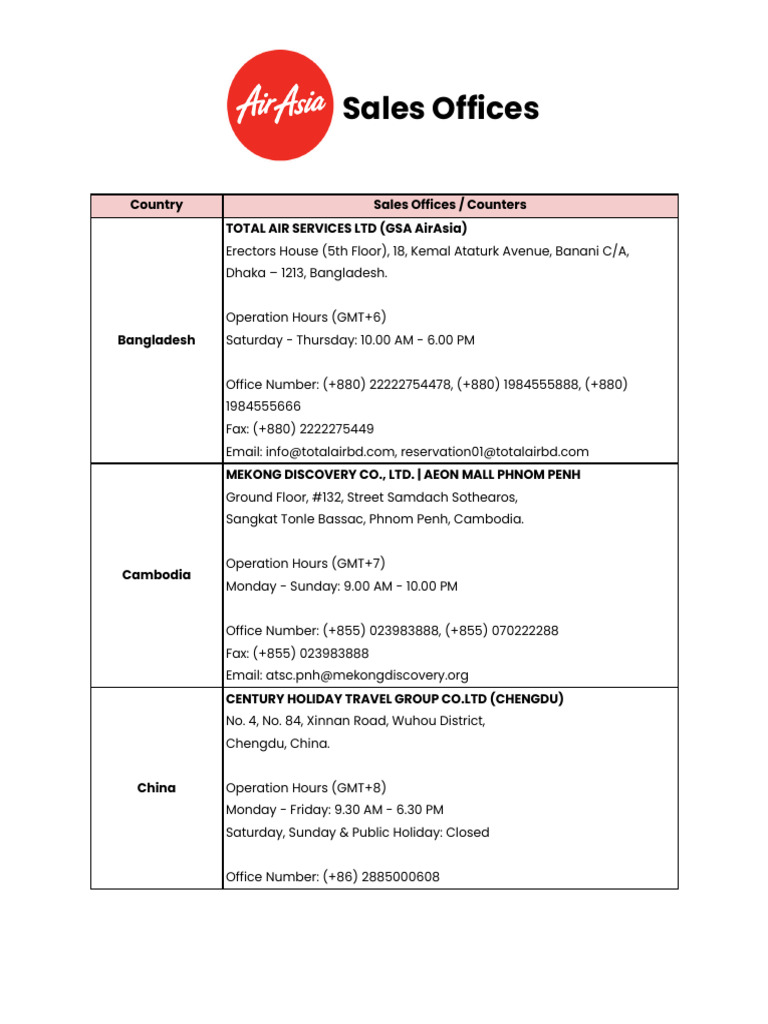 AirAsia Sales Offices Directory | PDF