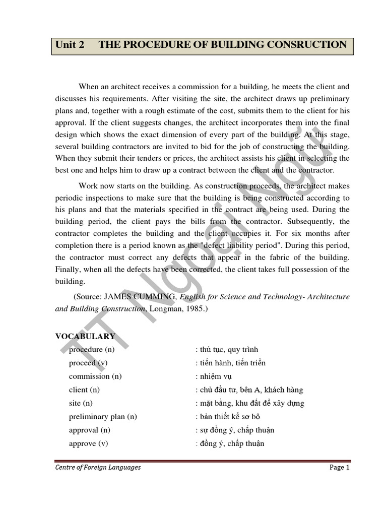 Unit 2 THE PROCEDURE OF BUILDING CONSTRUCTION CNK | PDF
