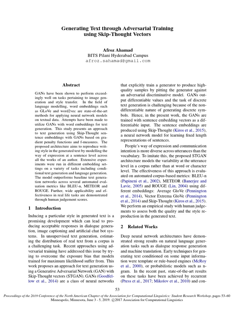 Generating Text Through Adversarial Training Using Skip-Thought Vectors | PDF | Artificial ...