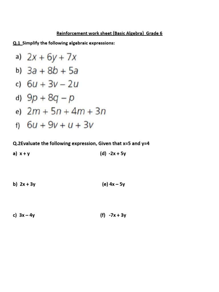 Grade 6 Basic Algebra Worksheet | PDF