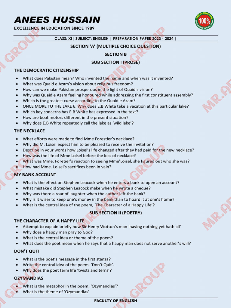 Xi-Preparation Papers 2024 by Anees Hussain | PDF