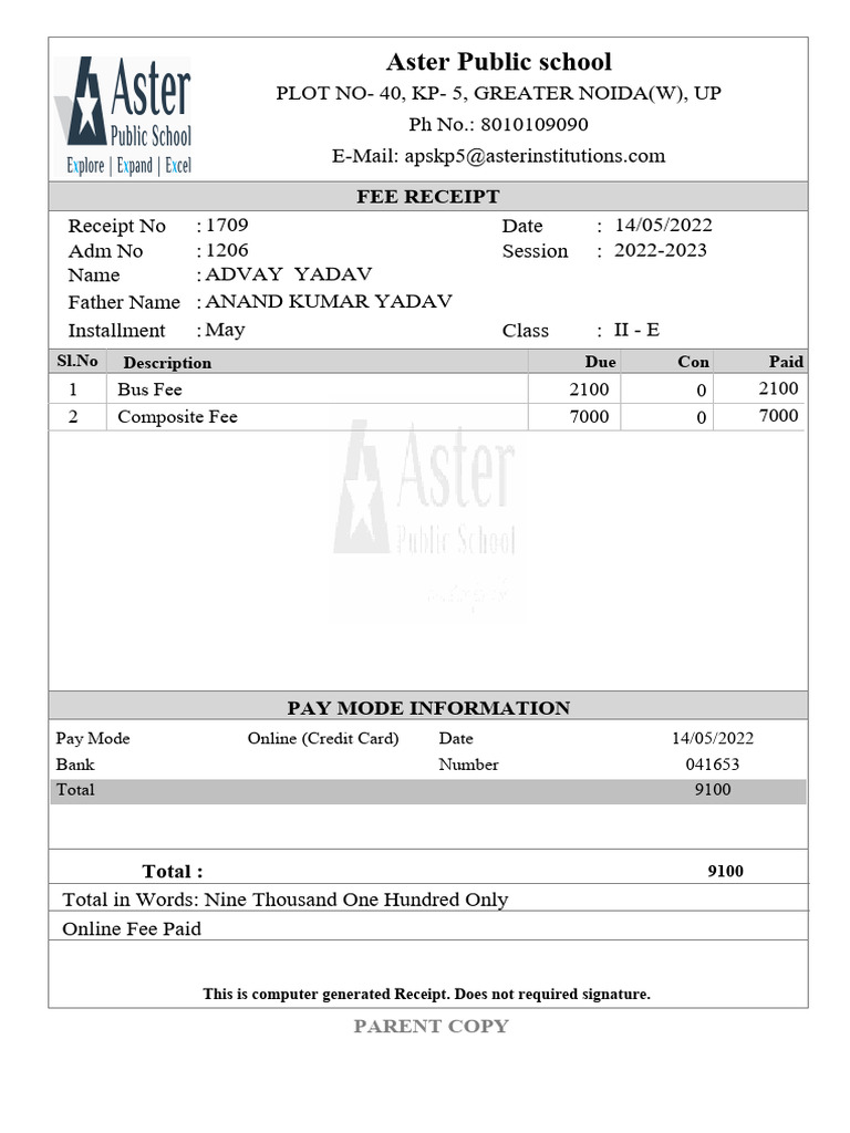 Aster School Fee Receipt May 2022 | PDF