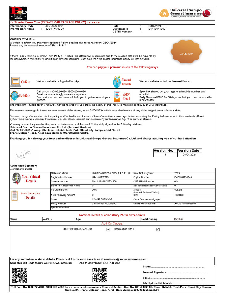Your Policy Expires On: It's Time To Renew Your (PRIVATE CAR PACKAGE POLICY) Insurance | PDF ...