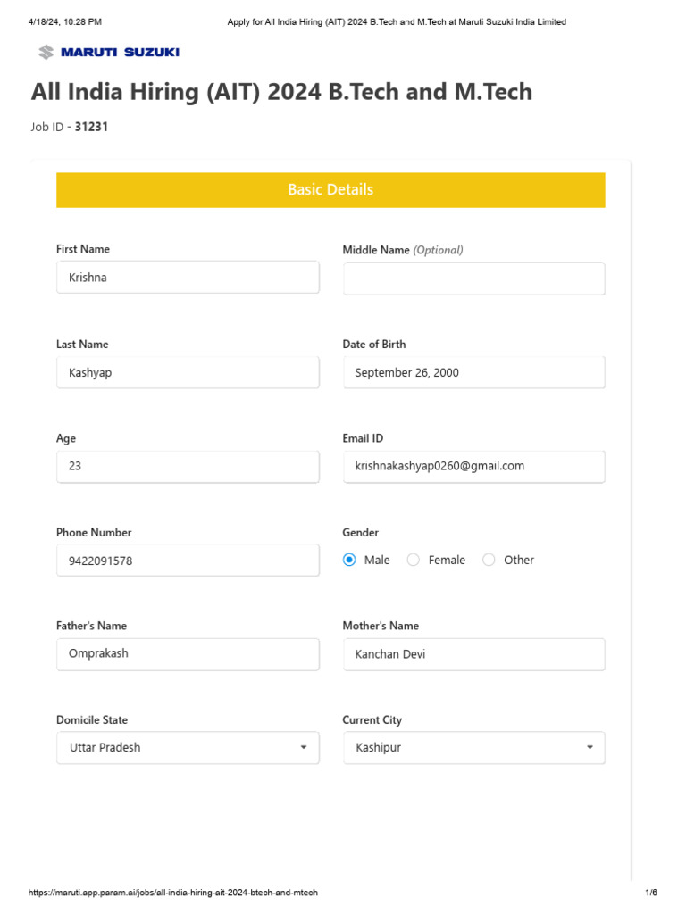 Apply For All India Hiring (AIT) 2024 B.Tech and M.Tech at Maruti Suzuki India Limited | PDF