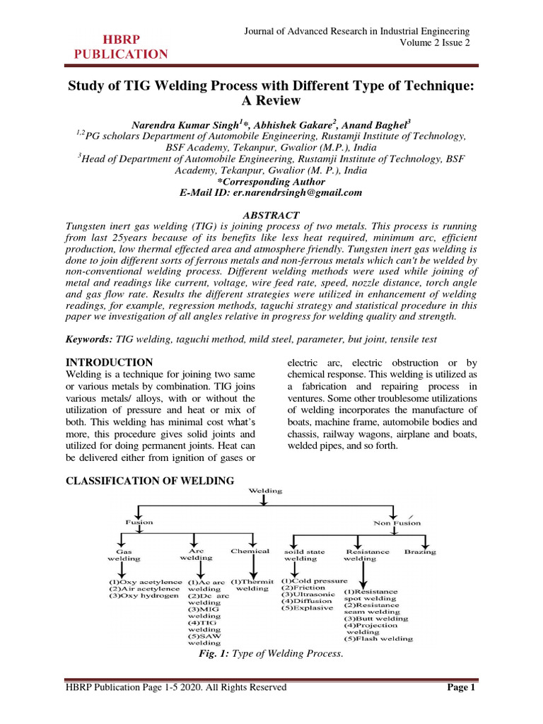 Study of TIG Welding Process - HBRP Publication | Download Free PDF ...