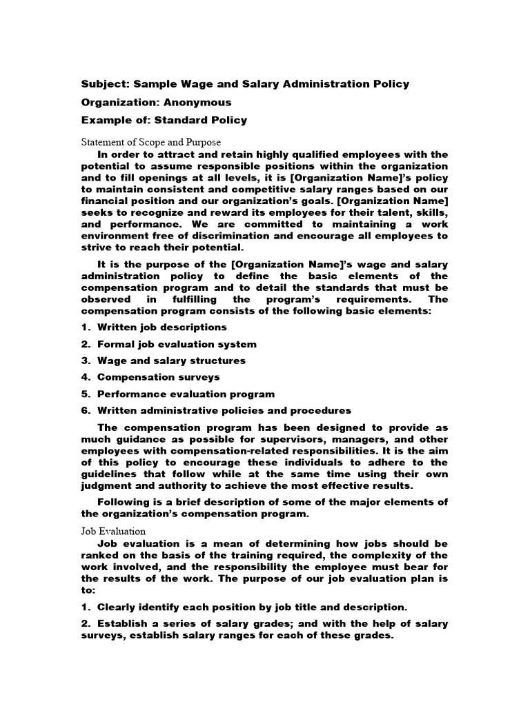 Sample Wage and Salary Administration Policy | PDF | Salary | Employment