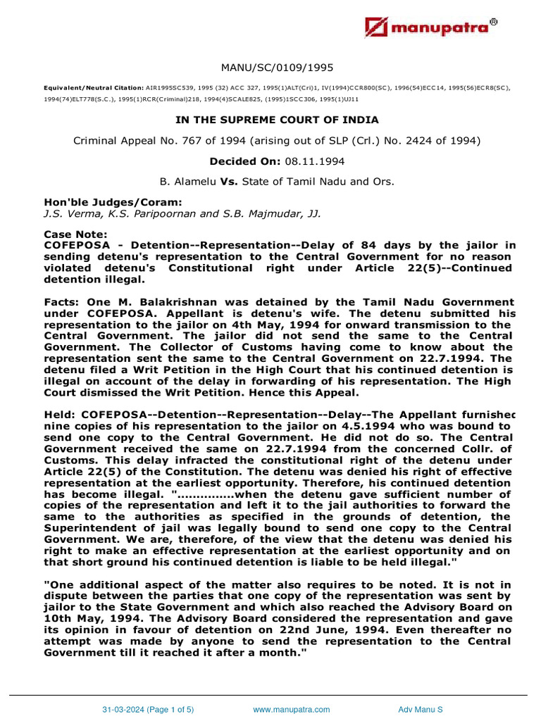 B Alamelu Vs State of Tamil Nadu and Ors 081119940224s950402COM33159 | PDF | Appeal | Detention ...