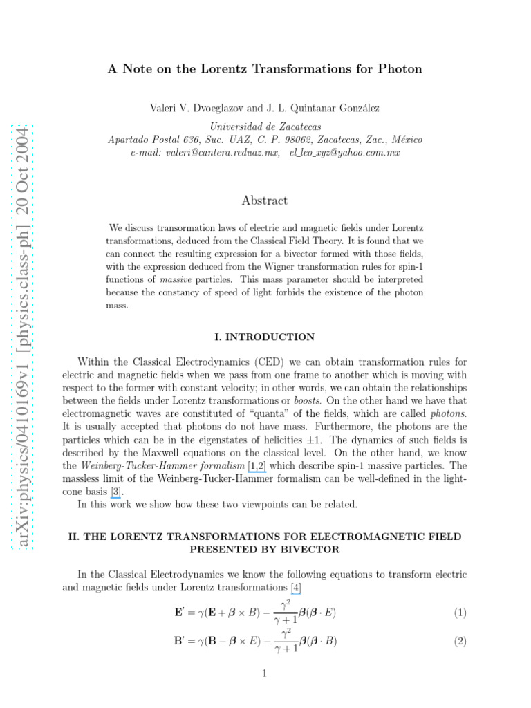 A Note On The Lorentz Transformations Fo Pdf Spin Physics Photon