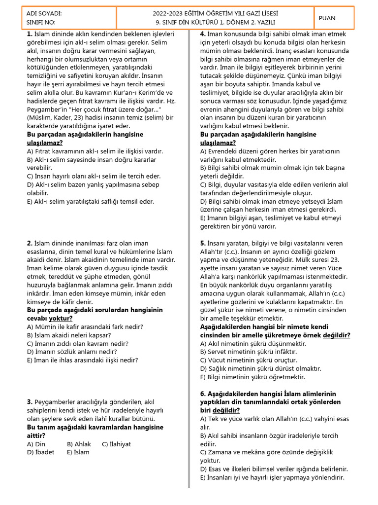 Sinif Din Kulturu 1. Donem 2. Yazili | PDF